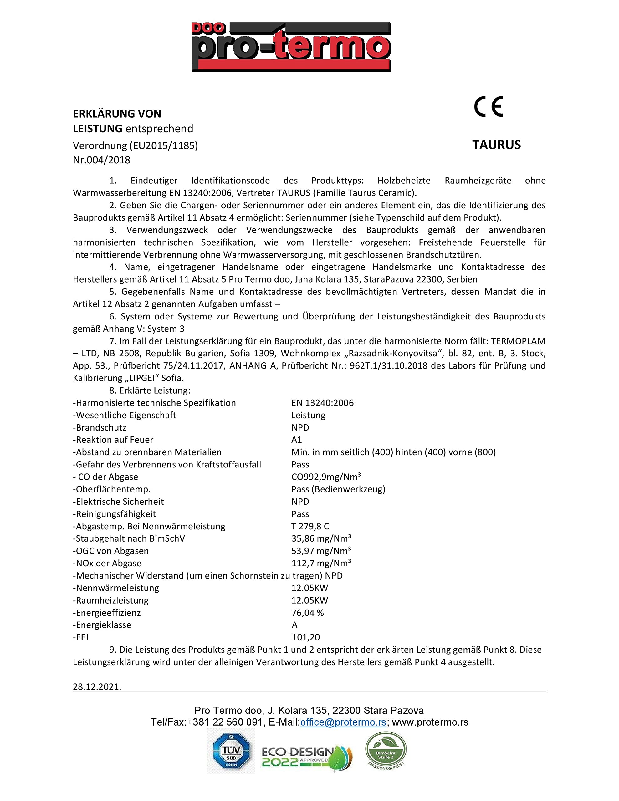 ProTermo Taurus Schwarz/Antrazit Kaminofen mit Backfach – 12kW ...