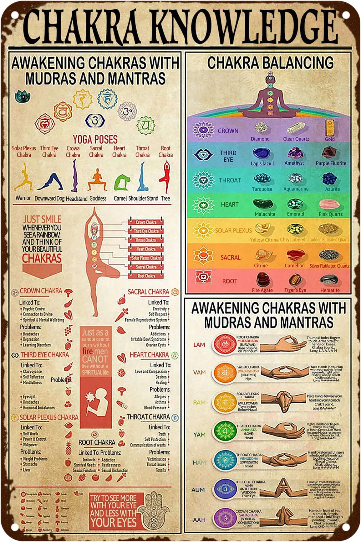 Amazon.com : Chakra Knowledge Poster Multi Wall Decor Art Gift for Yogaer Chart Vintage Tin Sign ...