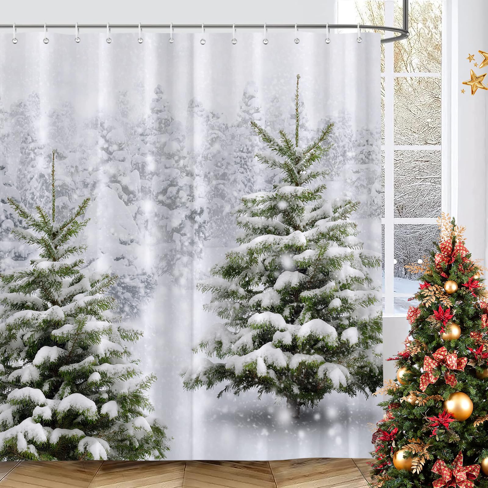 Amazon.com: GOOESING Christmas Tree Shower Curtain Winter Forest Pine ...