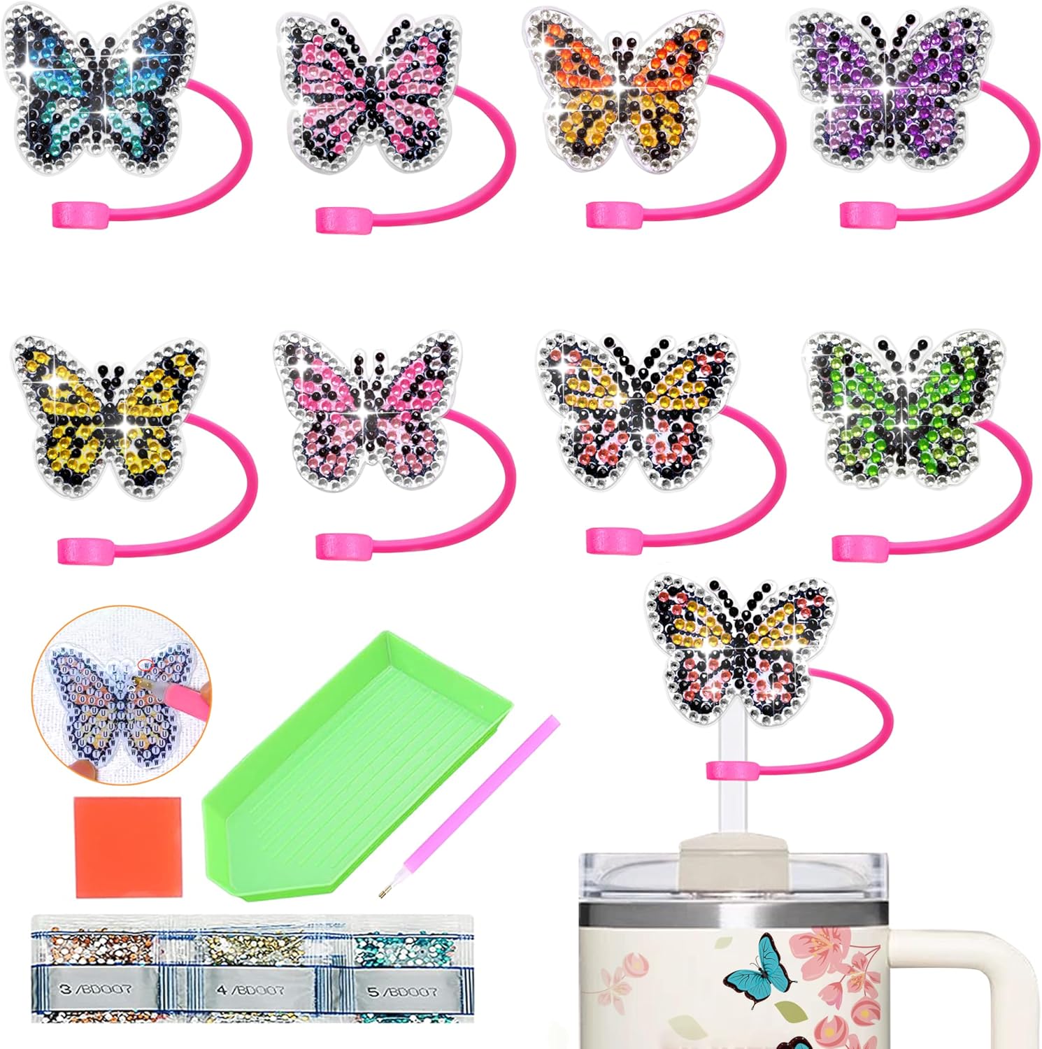 Amazon.com: DLDXGXNR Butterfly Straw Cover Cap for Stanley Cup 8Pcs Diamond Art Straw Toppers ...