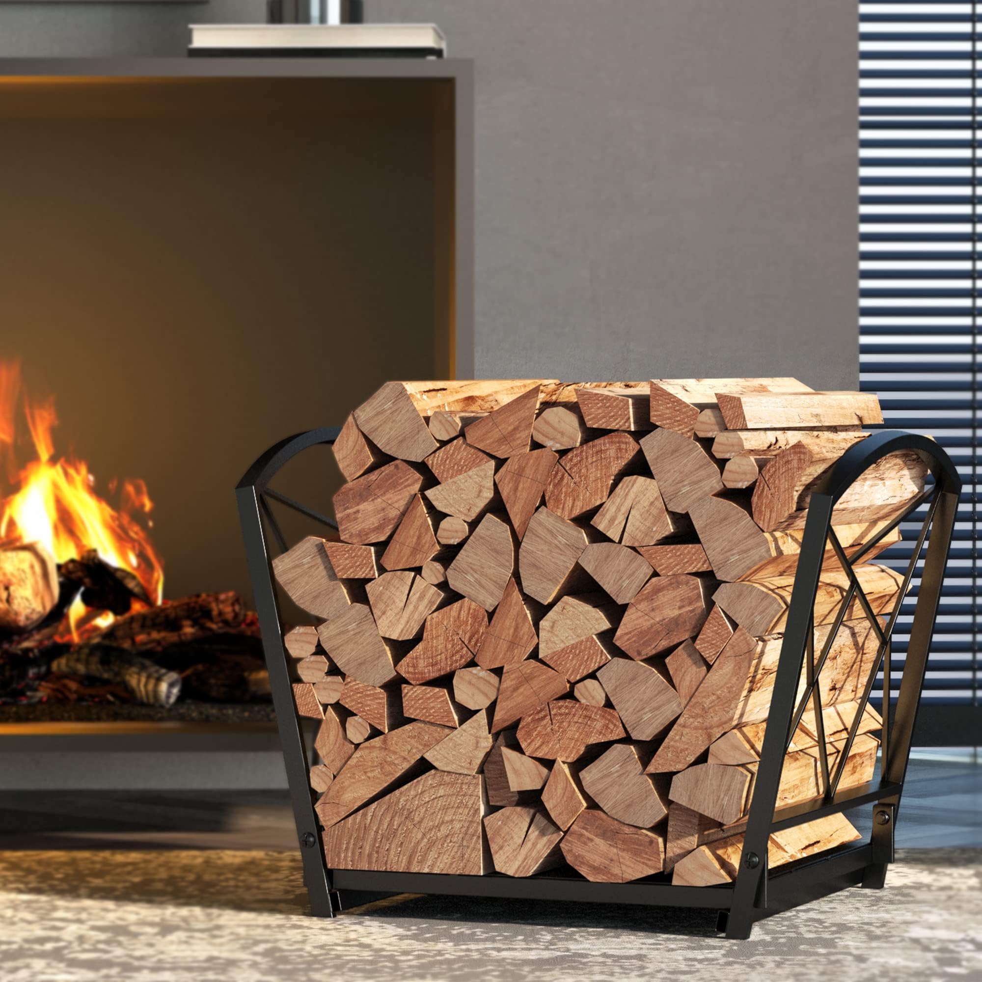 Amazon.com: MyGift Compact Firewood Rack, Black Metal Fireplace Wood ...