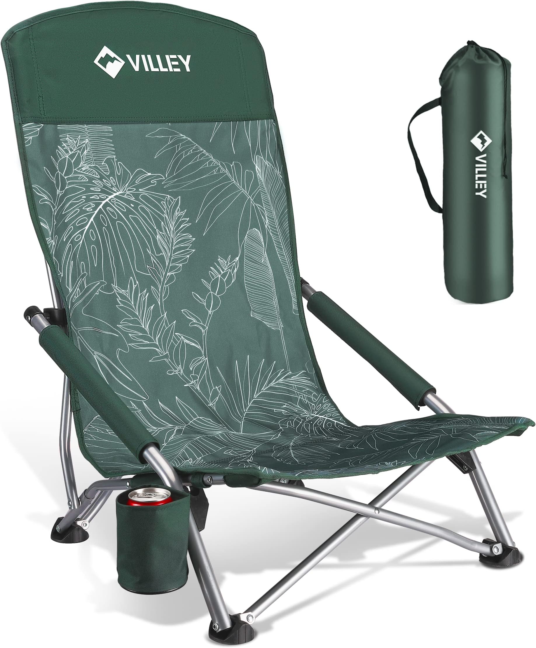 Amazon.com: VILLEY Low Beach Chair, High Back Folding Beach Chair for ...