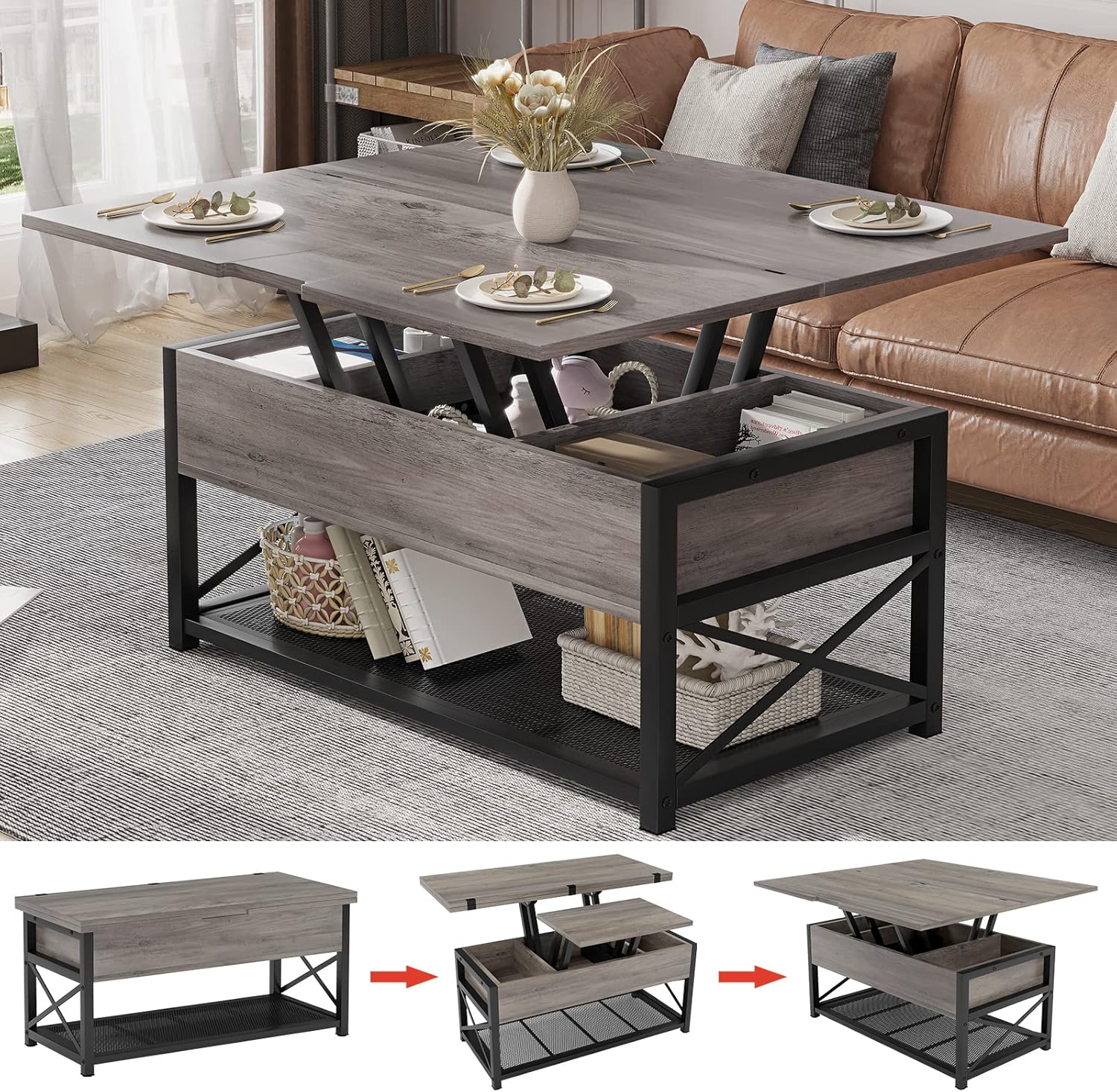 Itaar 43" Lift Top Coffee Table, 3 in 1 Multi-Function Small Coffee Table with Storage for ...