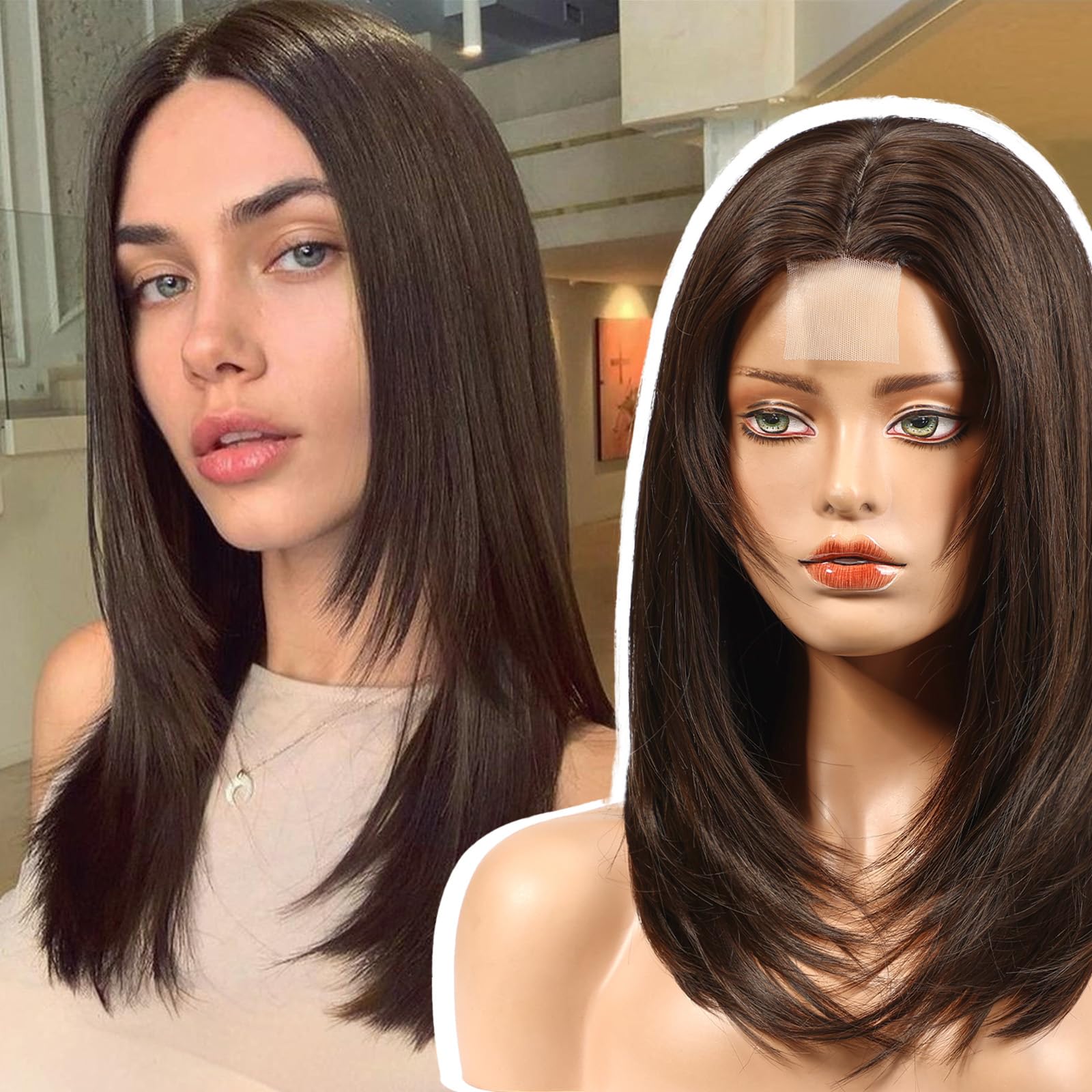 Amazon.com : EMMOR Short Layered Wigs,Natural Medium Length Central ...