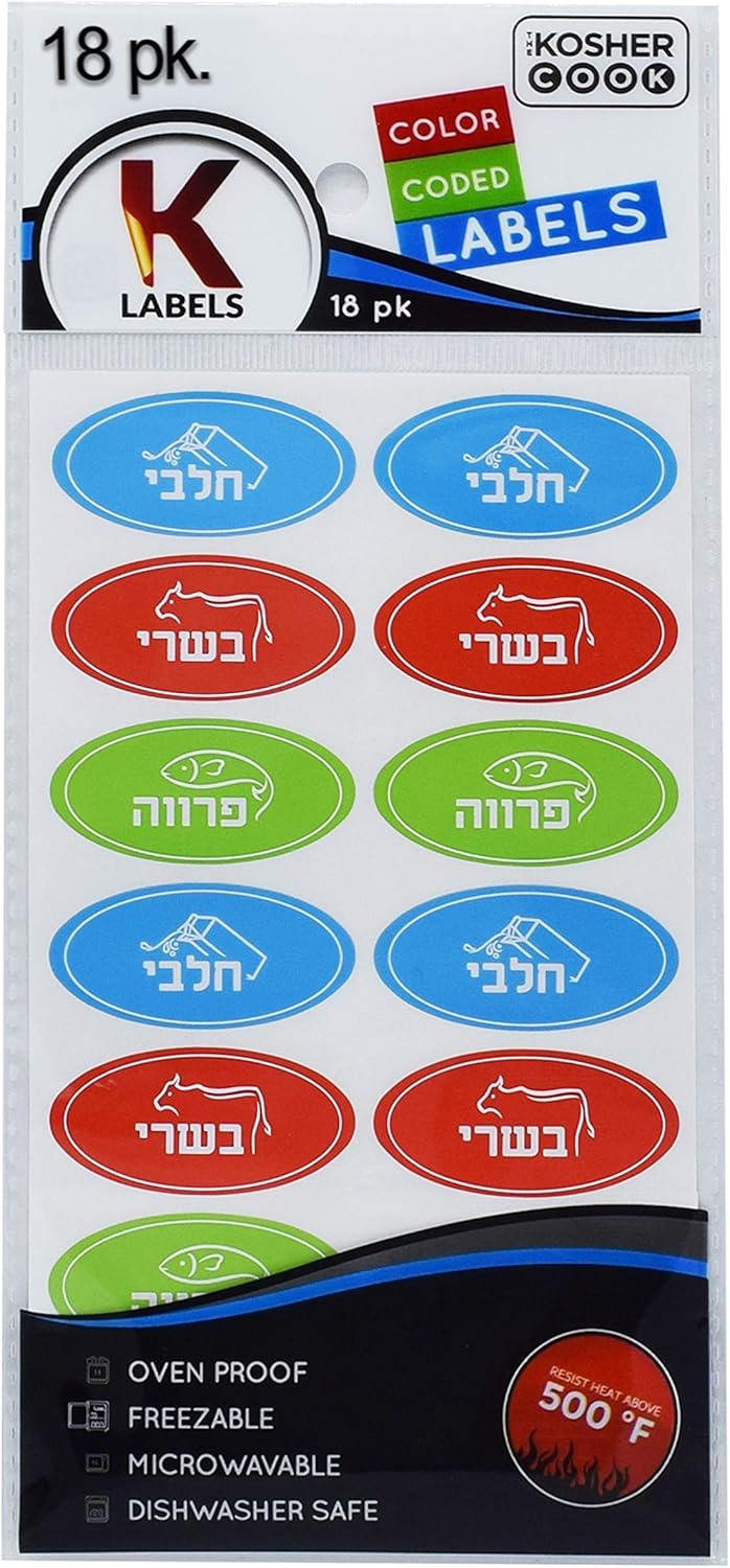 18 Assorted Kosher Labels – 6 Blue Dairy, 6 Red Meat, 6 Green Parve ...