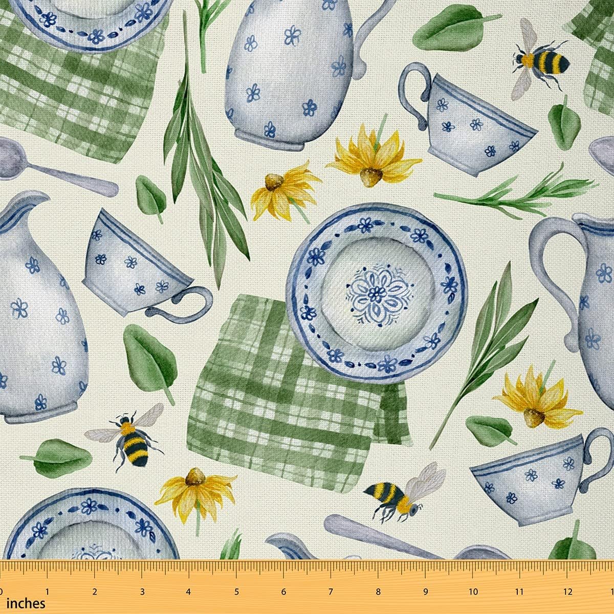 Amazon.com: Blue and White Porcelain Fabric by The Yard Cute Bee Yellow ...
