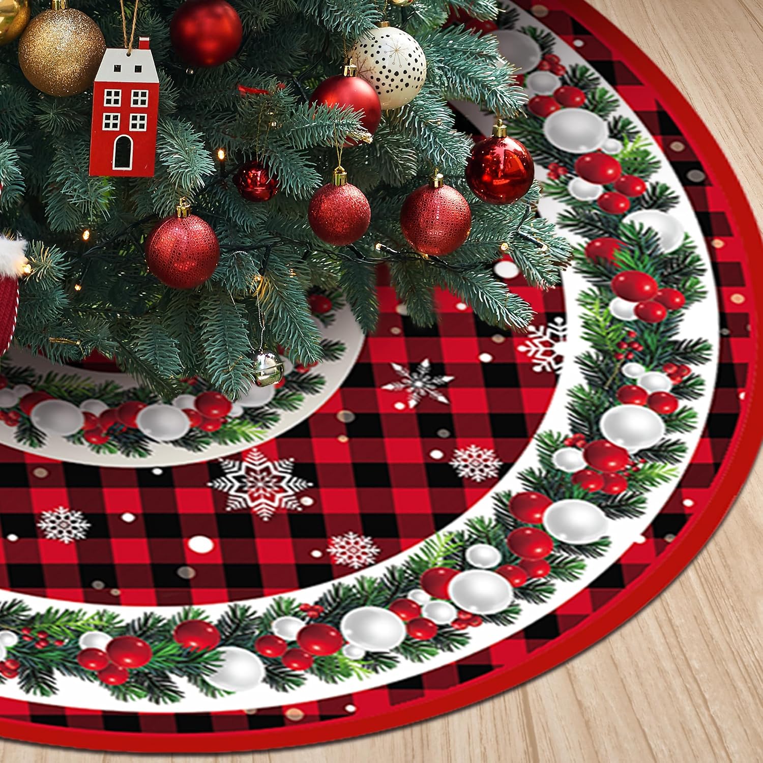 Christmas Tree Skirt 122 cm, Posprica Red Plaid and White Circle ...