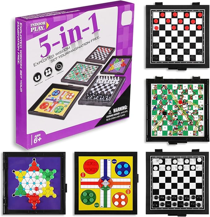 Amazon.com: 5 in 1 Small Magnetic Checkers Board Game Set Travel Game ...