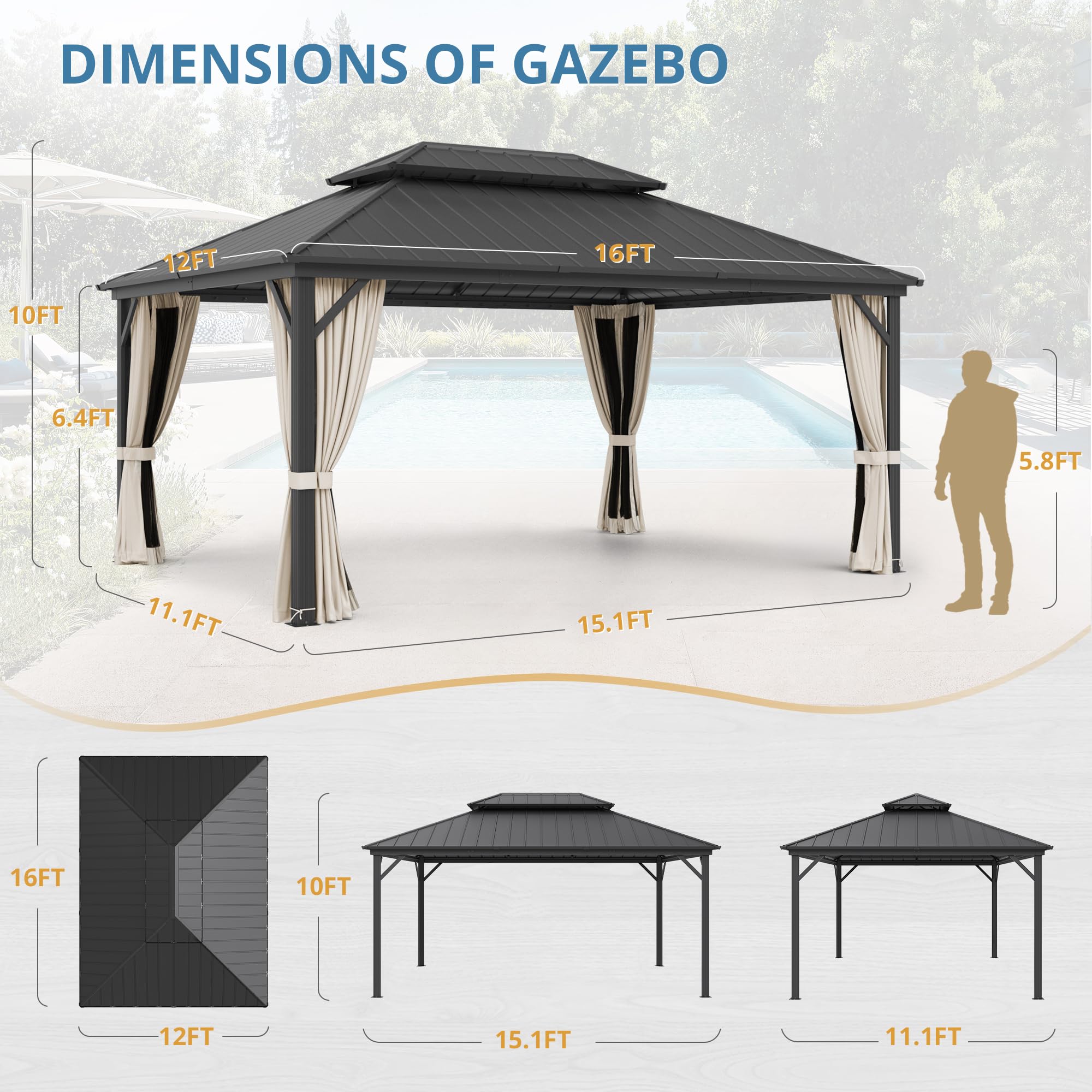 LUE BONA 12x16 Hardtop Gazebo, Galvanized Steel Double Roof Permanent ...