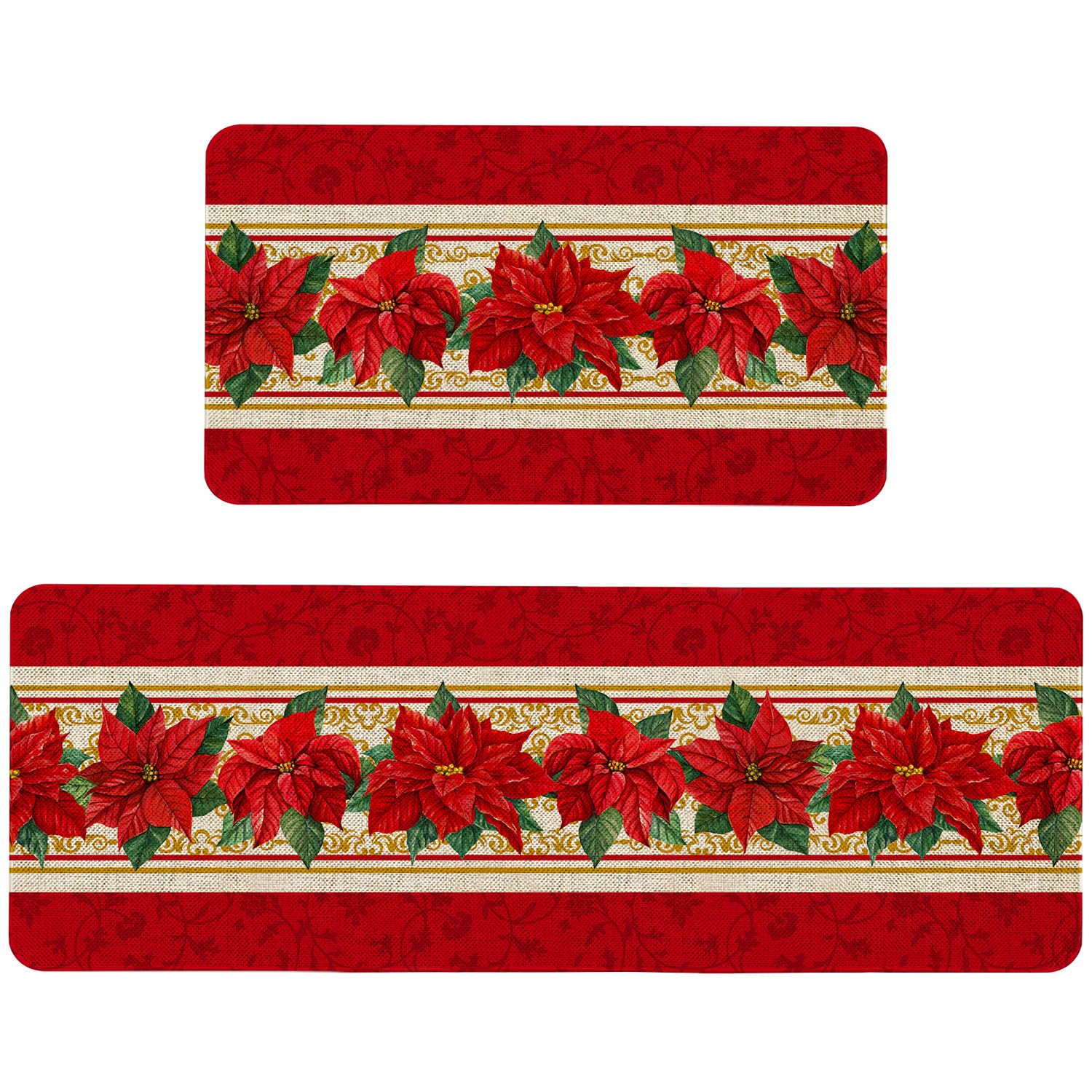 Amazon.com: Christmas Red Poinsettia Flower Kitchen Rugs and Mats Set ...