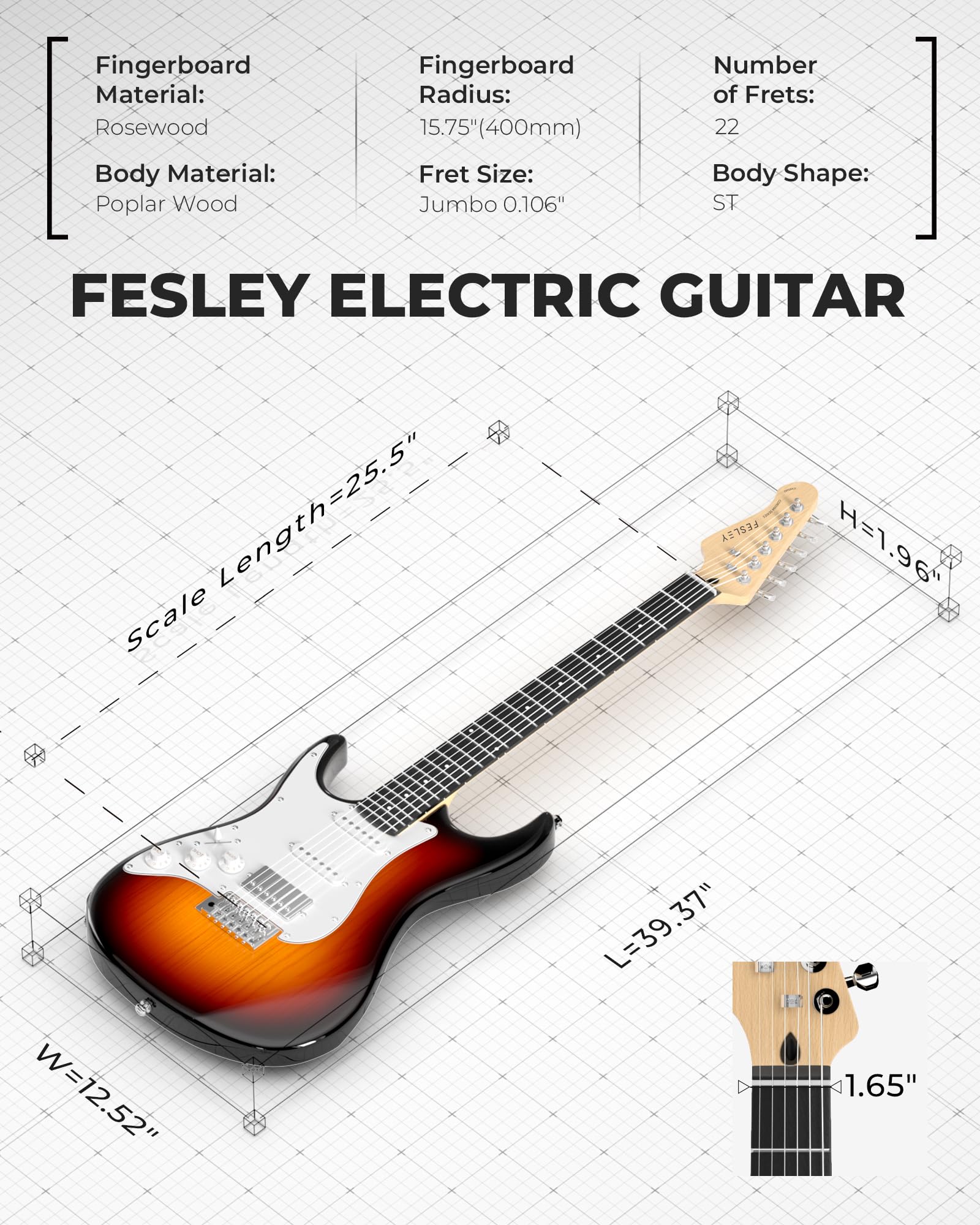Snapklik.com : Fesley Left-Handed Electric Guitar: 39" Full Size ...