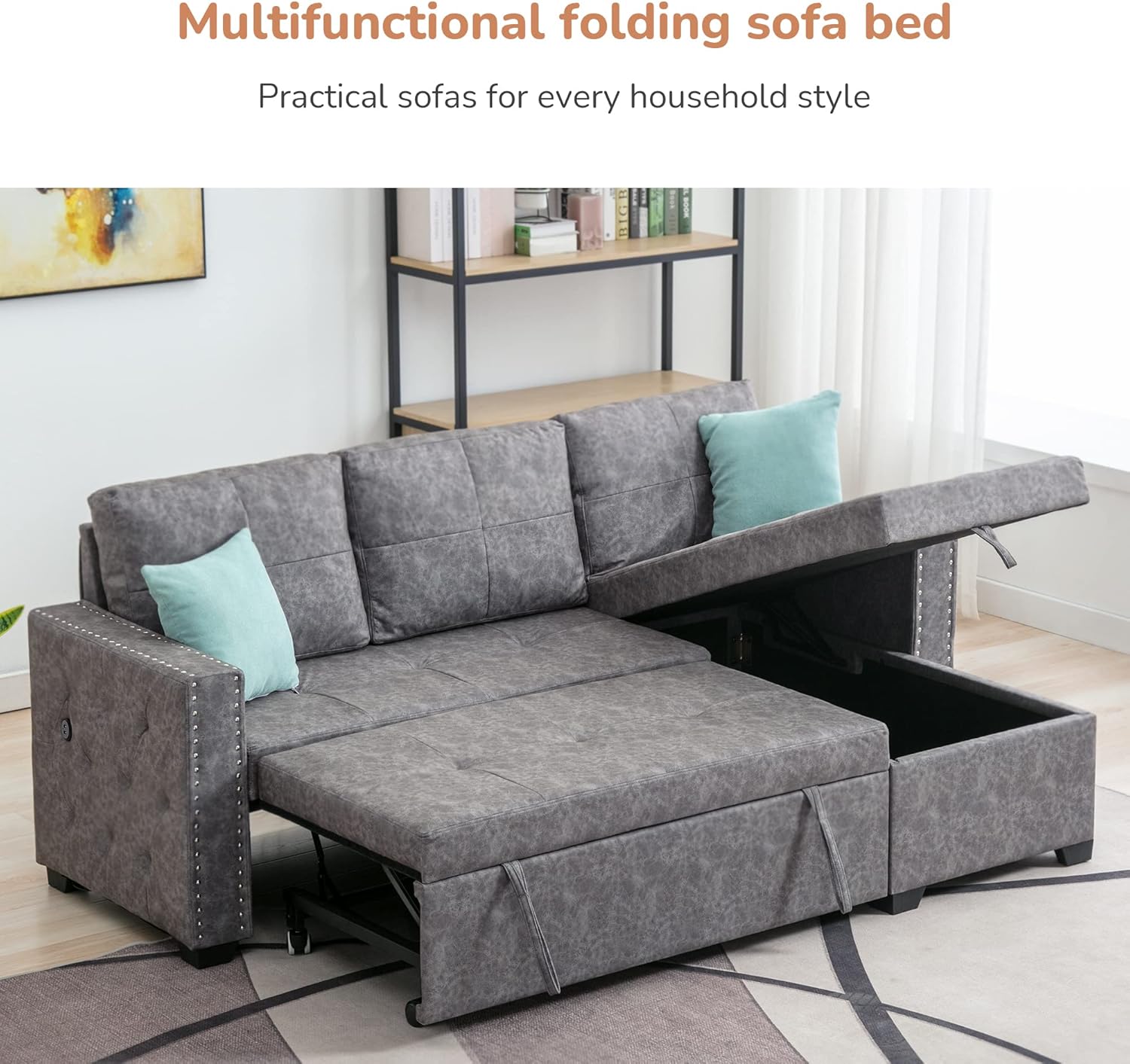 Buy Sofa Couch,84 Pull-Out L-Shaped Sectional Sleeper Sofa,Sectional ...