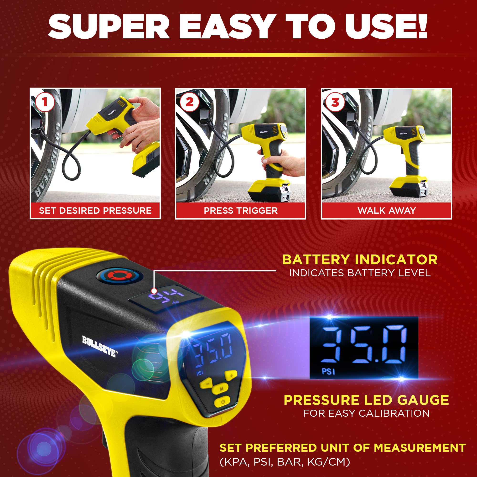 Snapklik.com : Bullseye Pro Digital Auto Air Pump For Car Tires 150 PSI ...
