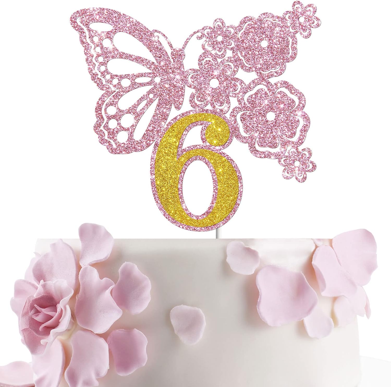 Tenhaisi Pink & Gold 3D Butterfly Flower Sign 6 Cake Topper - Happy 6th ...