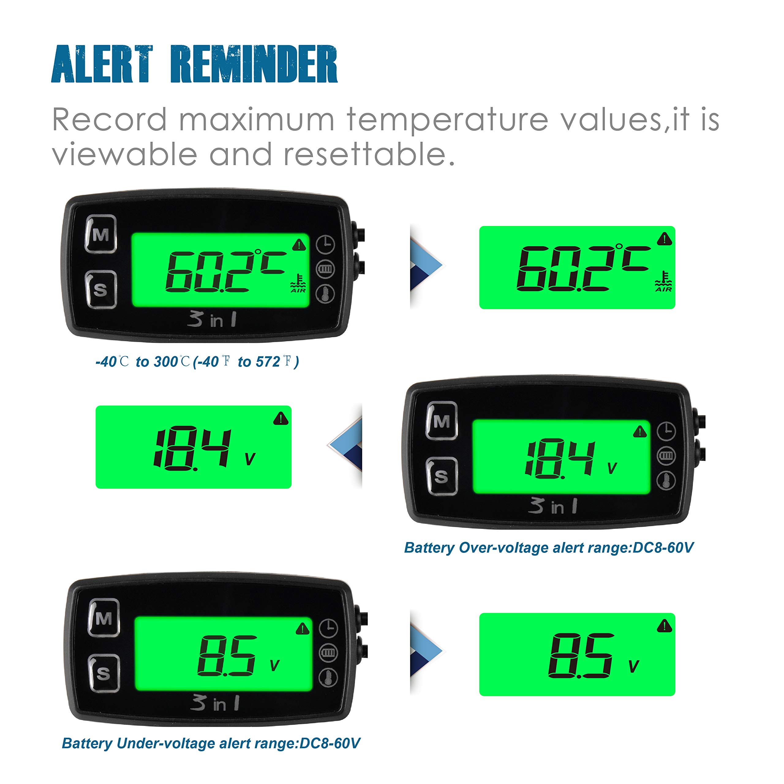 Runleader Digital Engine Temperature Gauge Volt Meter,Programmable ...