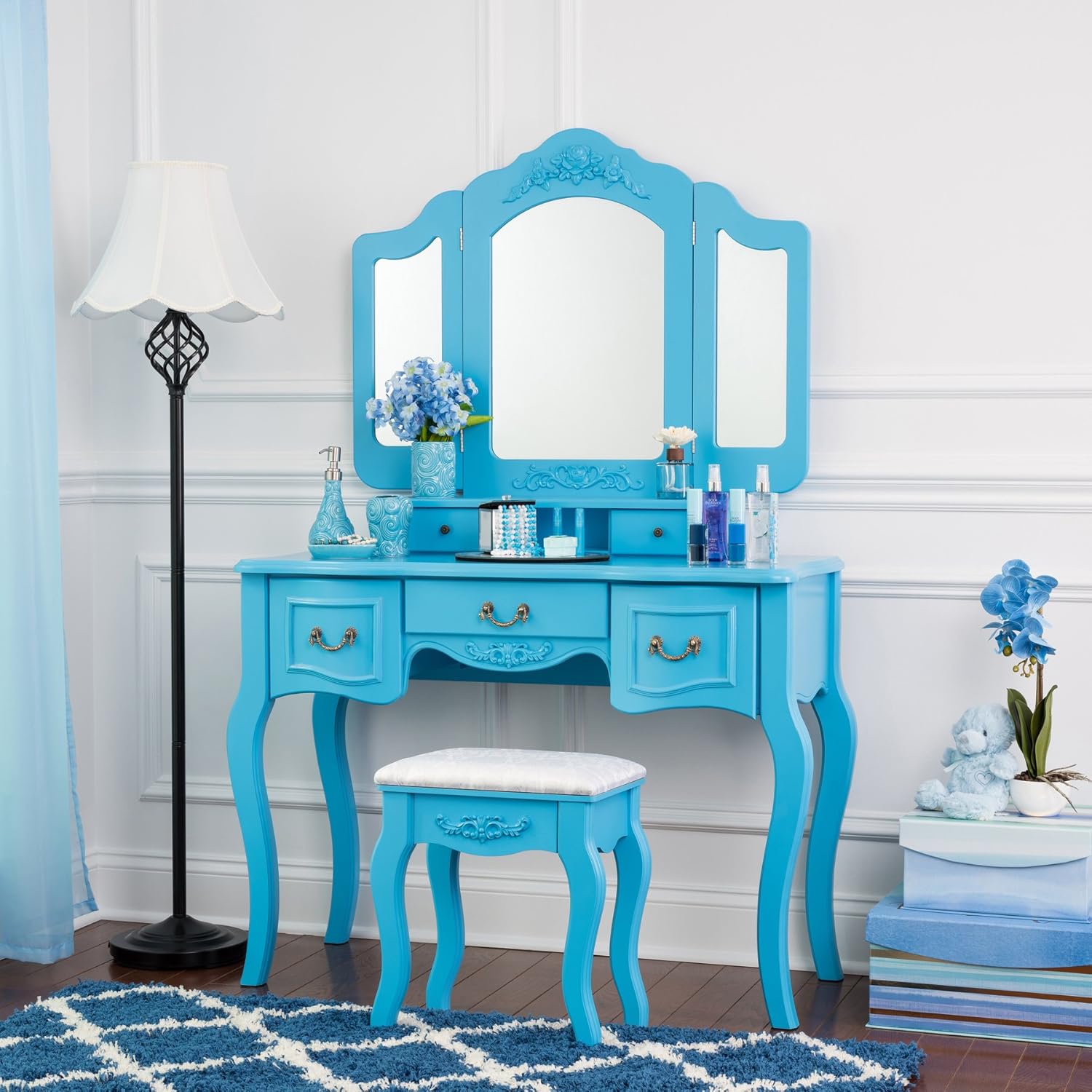 Amazon.com: Fineboard Beauty Station Makeup Table and Wooden Stool Set ...