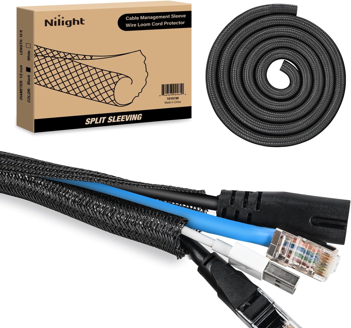 Amazon.com: Nilight Cable Sleeve, 10ft-1/2inch Cord Management Sleeves ...