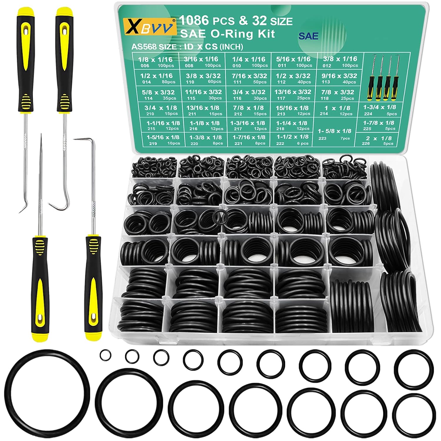 XBVV 32 Size SAE O Ring Assortment Kit,1086 PCS Standard Nitrile Rubber ...