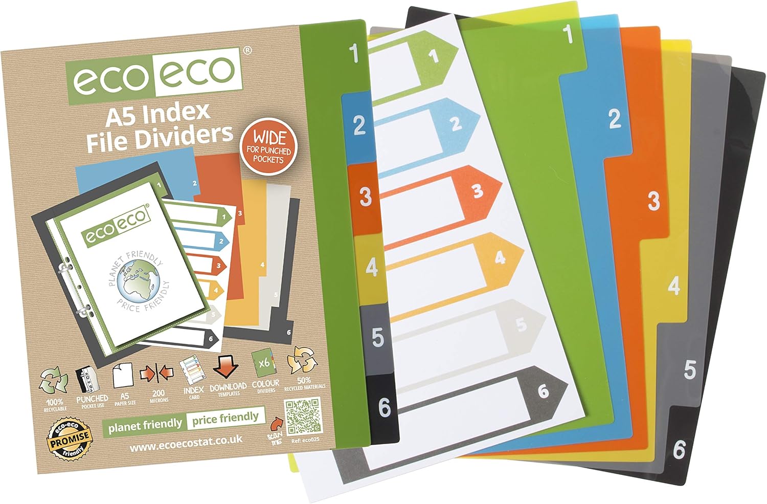 A5 Index File Dividers - 1 to 6 Numbers Extra Wide Width Coloured Coded ...