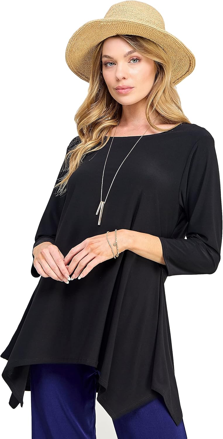 Jostar Women's Casual Tunic Top – 3/4 Sleeve Handkerchief Hem Flowy Round Neck Soft Blouse T ...