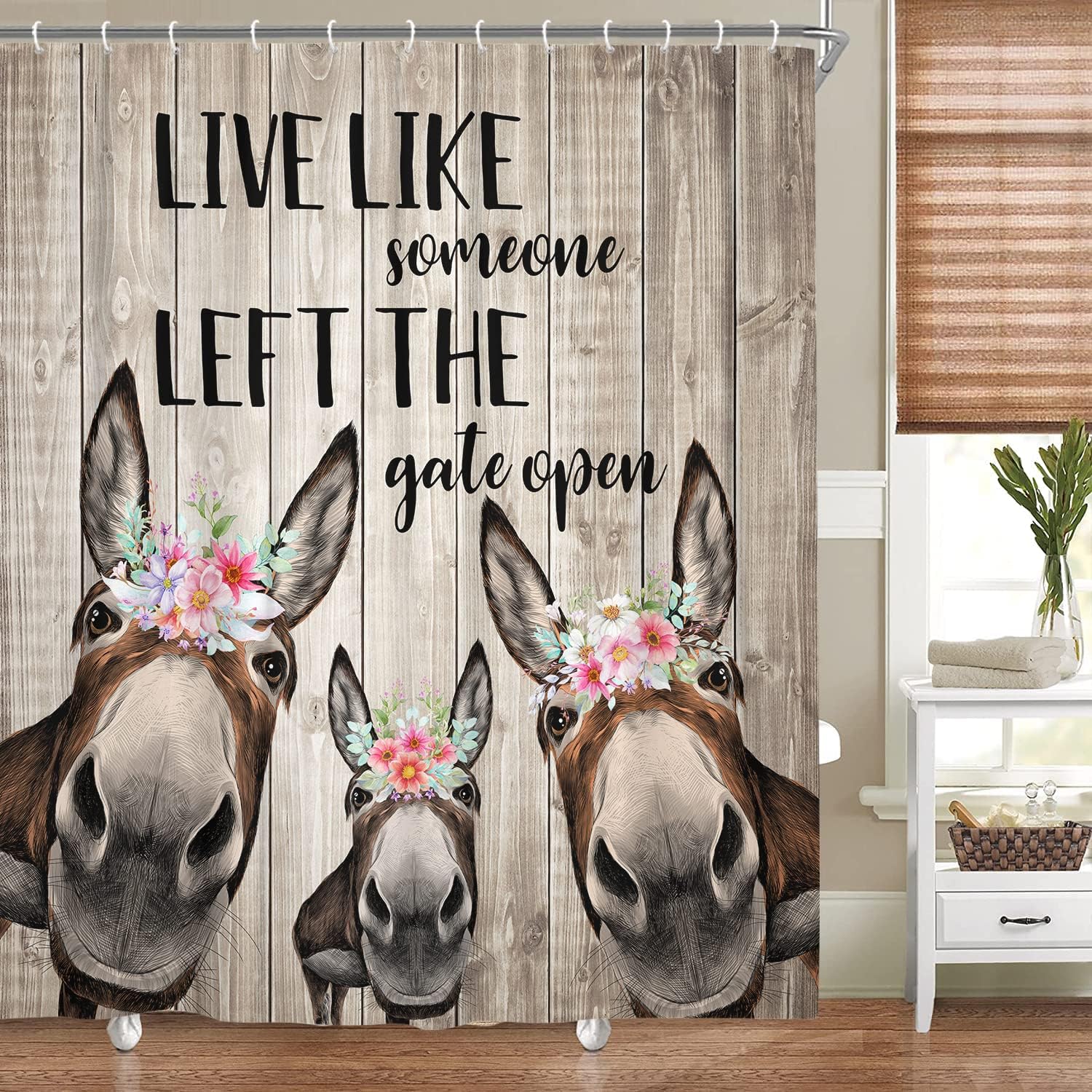 Amazon.com: Funny Donkey Shower Curtain, Farm Animals Donkey on Rustic ...
