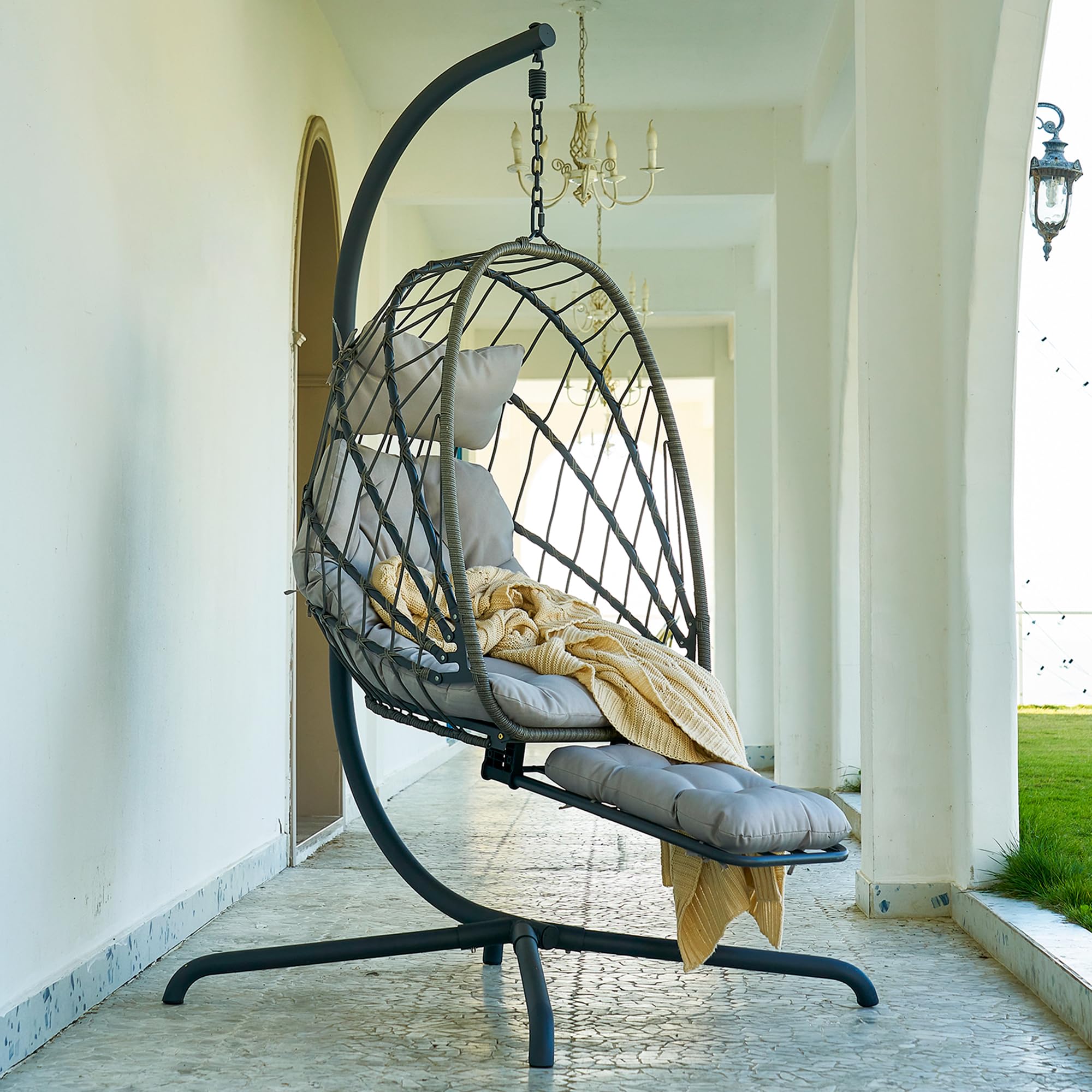 Amazon.com: Hanging Egg Chair with Stand and Leg Rest – Rattan Wicker ...