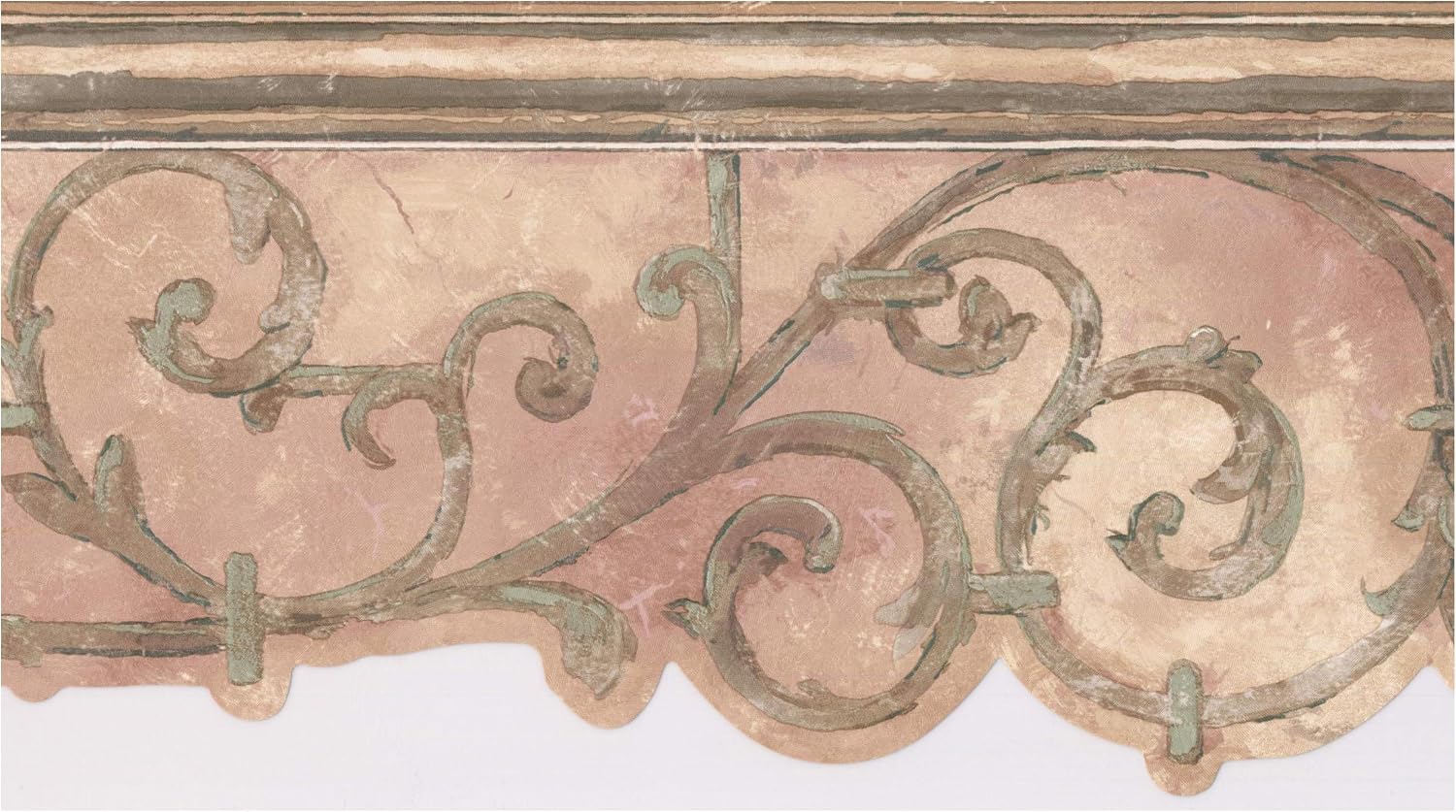Prepasted Wallpaper Border - Green Trellis Scrolls Scalloped Distressed ...