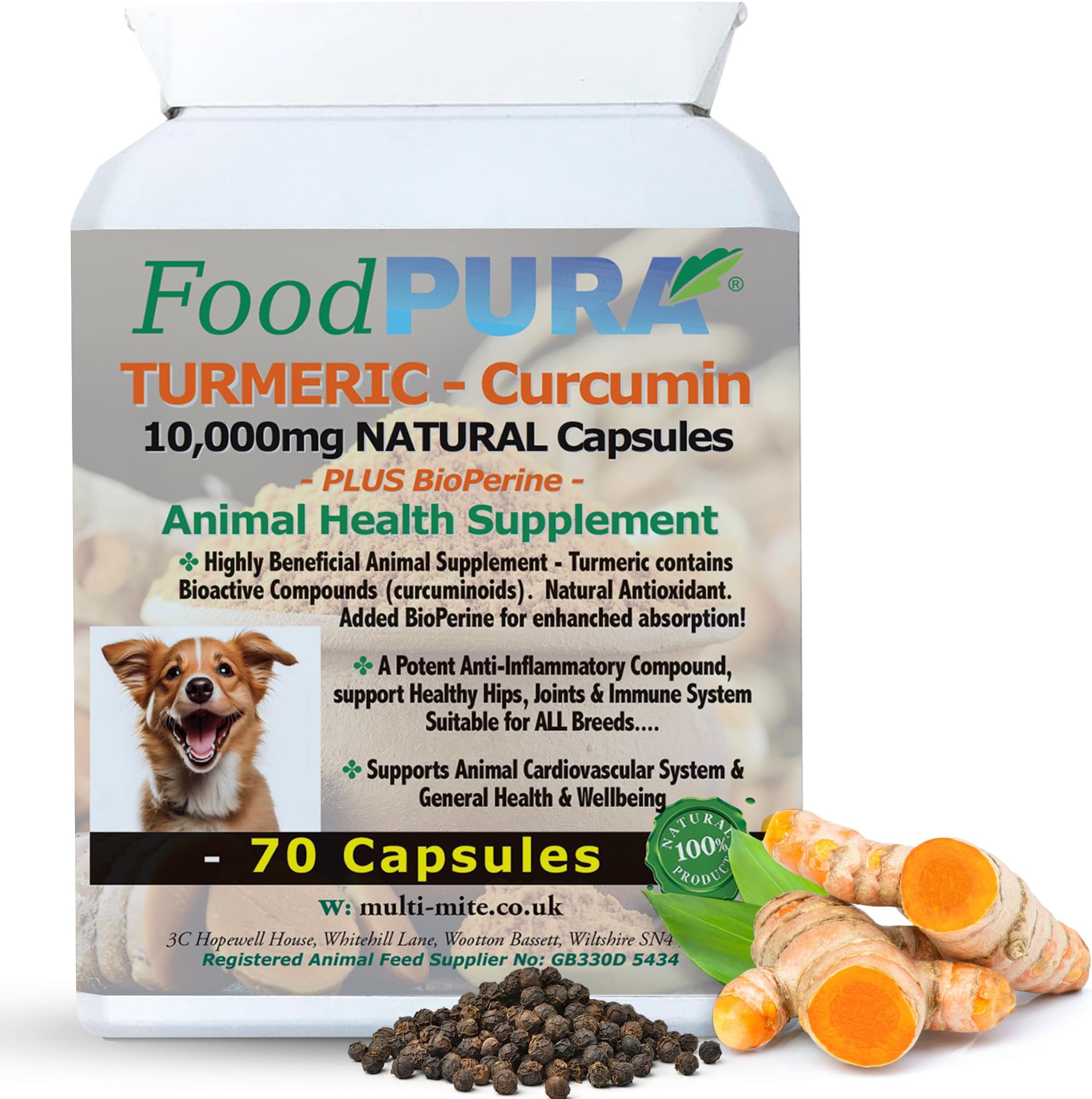 FoodPURA 70 Capsules - Turmeric for Dogs and Cats 10,000 mg for Joints ...