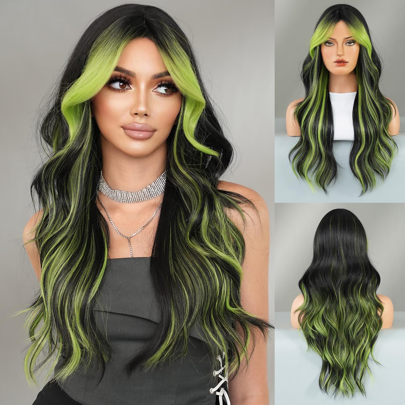 Amazon.com : TRUMOST Black Wig Green Highlight Long Wavy Wig with ...