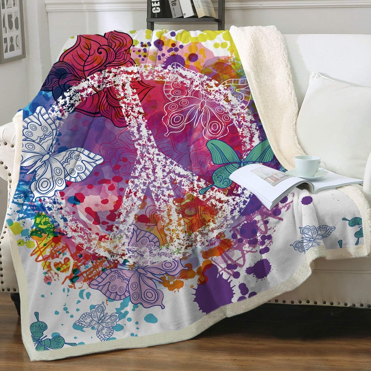 Amazon.com: Sleepwish Rainbow Butterfly Peace Sign Blanket Colorful ...