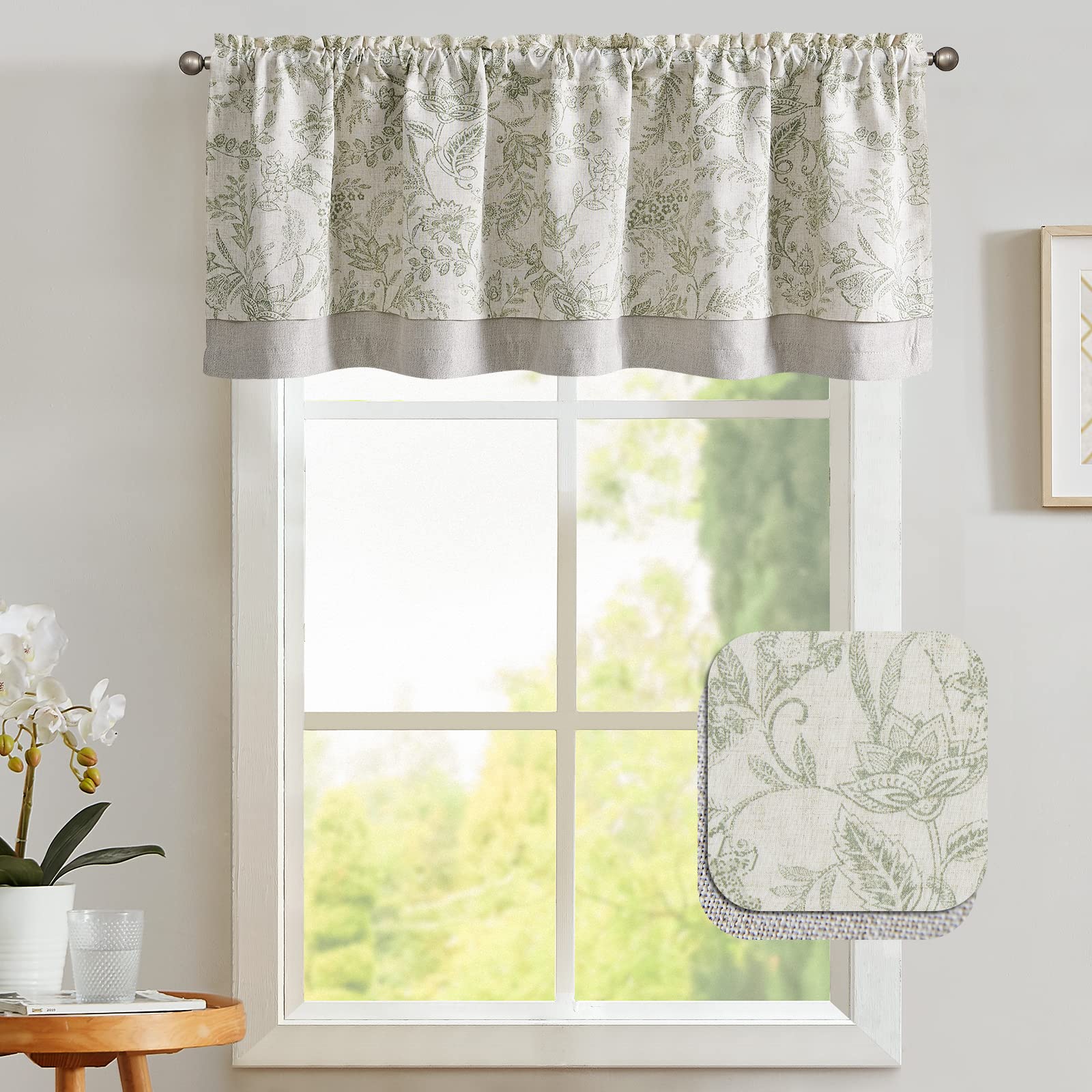 Amazon.com: COLLACT Linen Valance Curtain Sage Floral Pattern Blackout ...