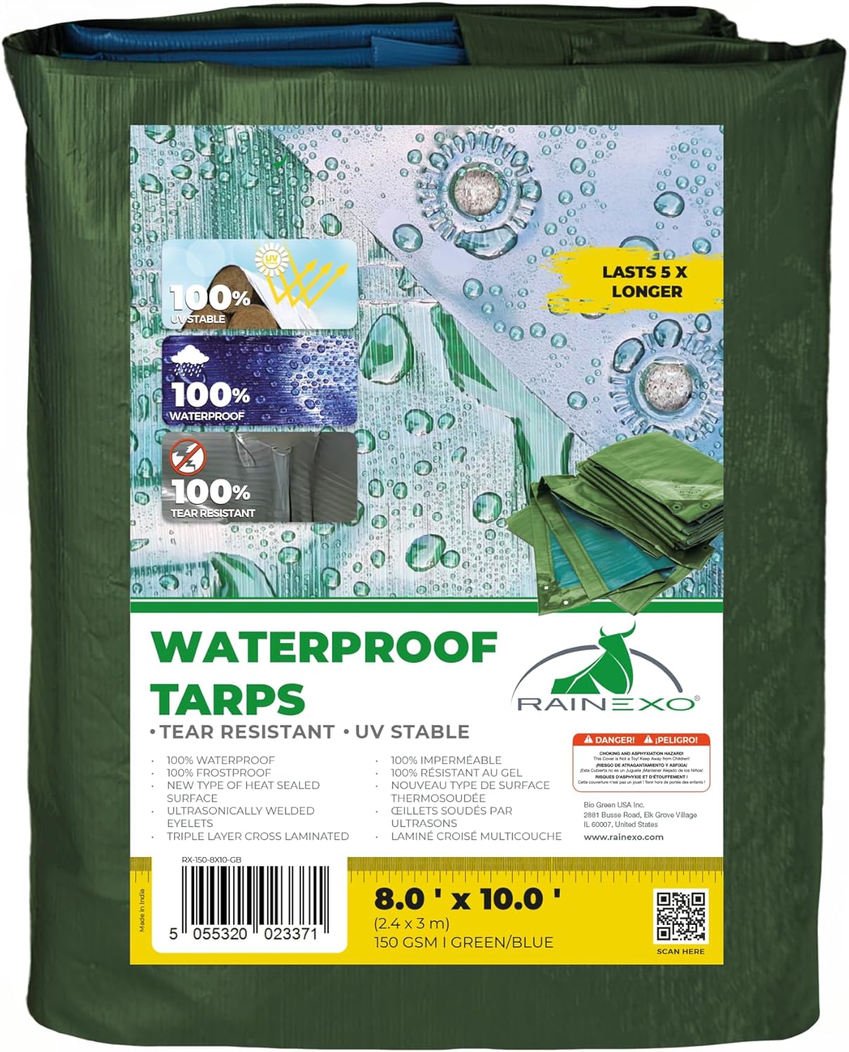 RAINEXO Waterproof Tarps - 8x10 ft 10 Mil Thick Green Heavy Duty Tarps ...