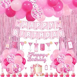 Amazon.com: Pink Birthday Decorations for Girls Women, Pink Wine Bottle Happy Birthday Banner ...