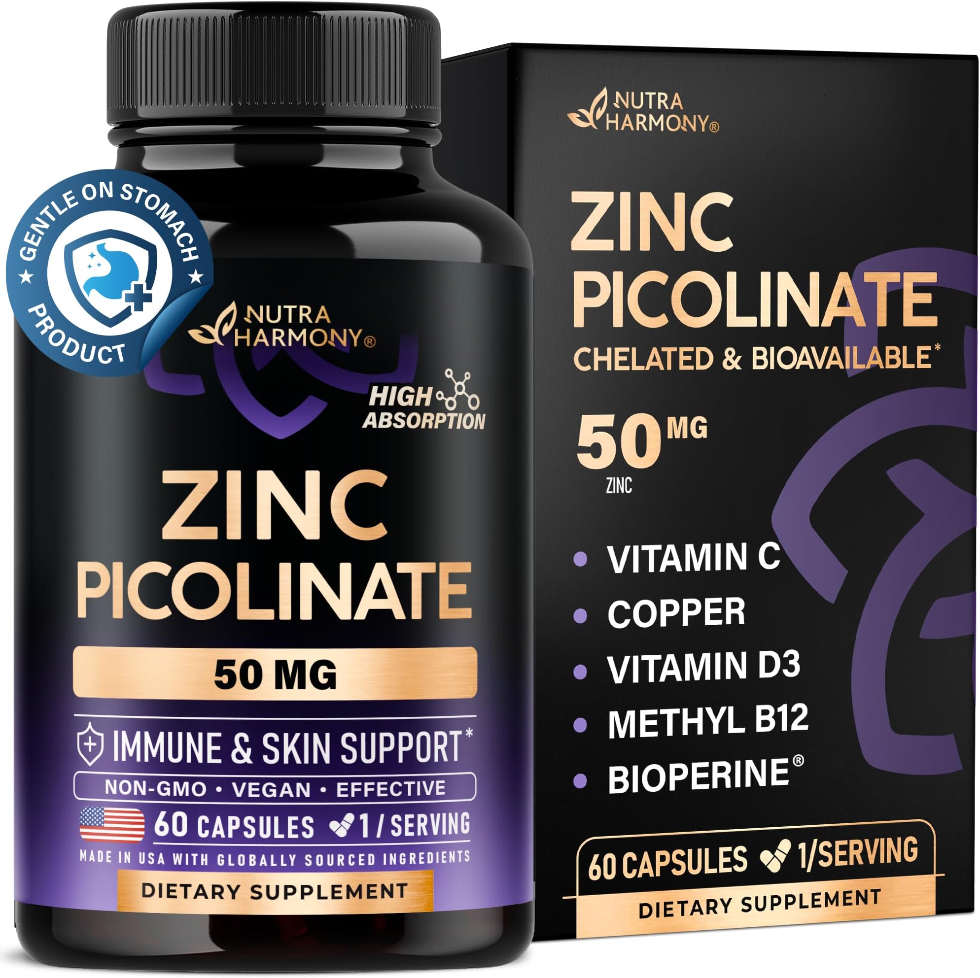 Amazon.com: Zinc Picolinate 50mg - Zinc Supplement with Copper, Vitamin D3 & B12 - Stomach ...