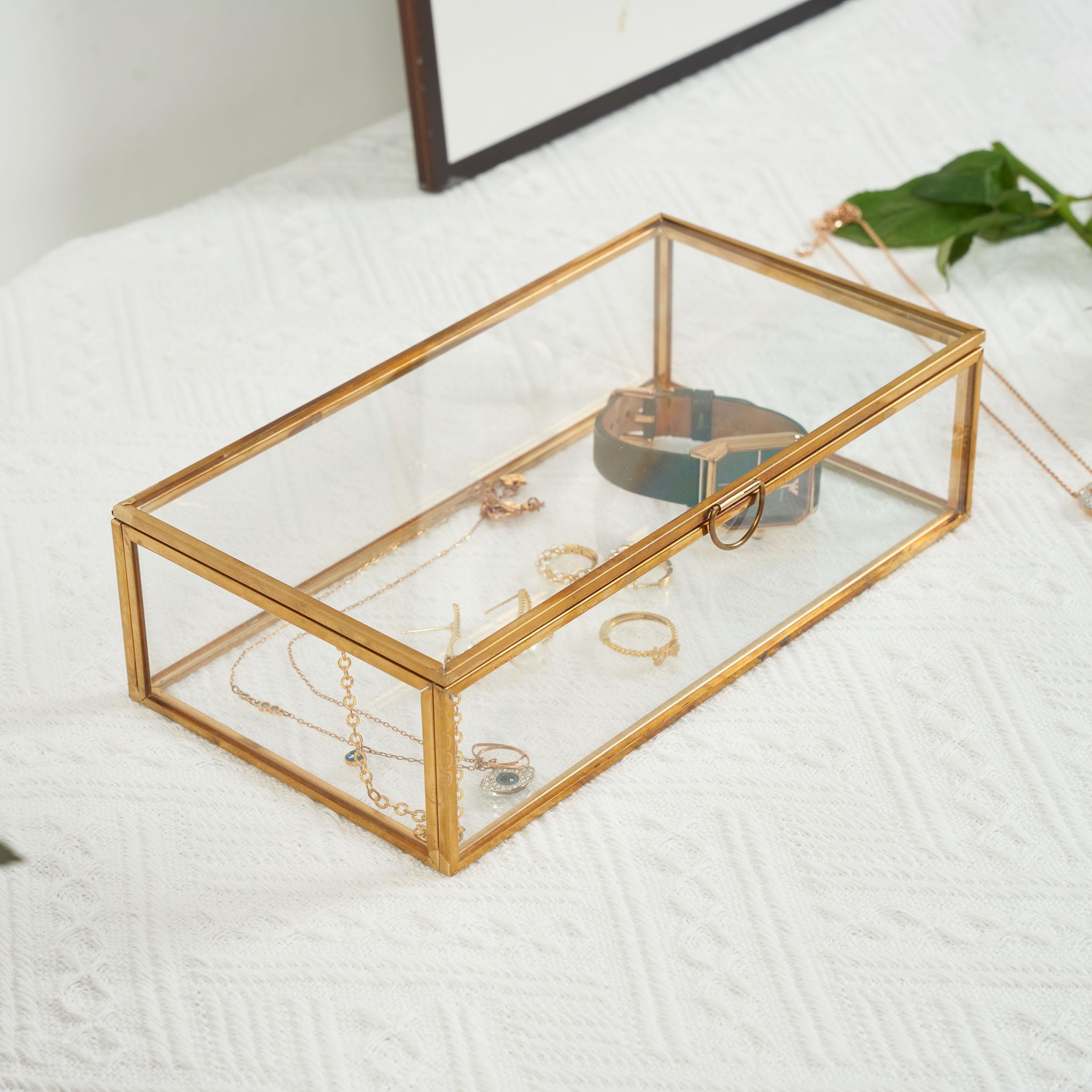 Amazon.com: Axlbcne 8" Golden Glass Jewelry Box - Clear Glass Box ...