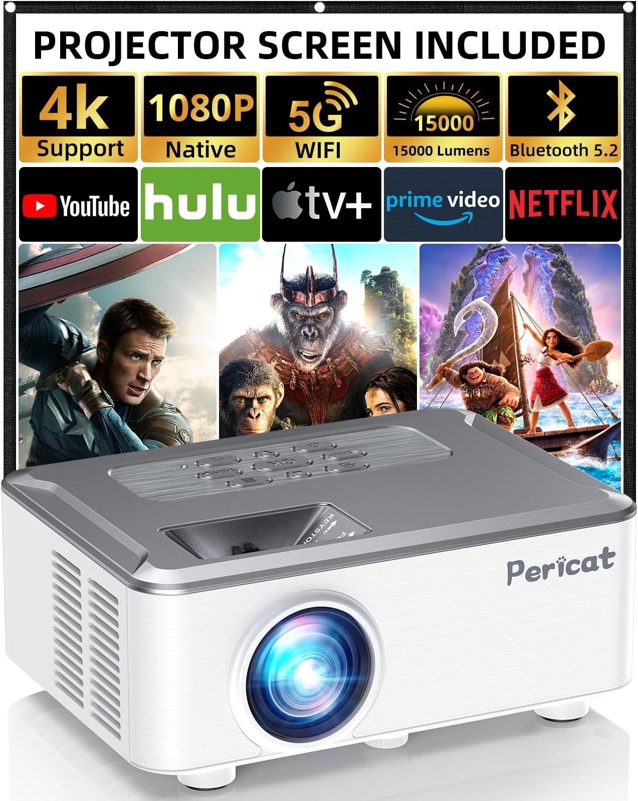 Amazon.com: Projector with WiFi and Bluetooth, 4K Support Outdoor Movie ...
