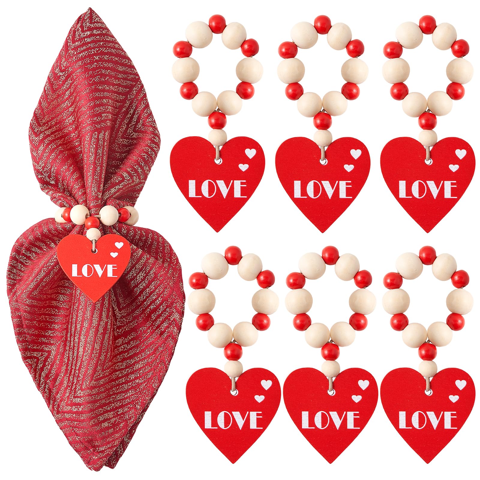 Amazon.com: APTWOW Valentine Napkin Rings Set of 6, Wood Bead Red Heart ...