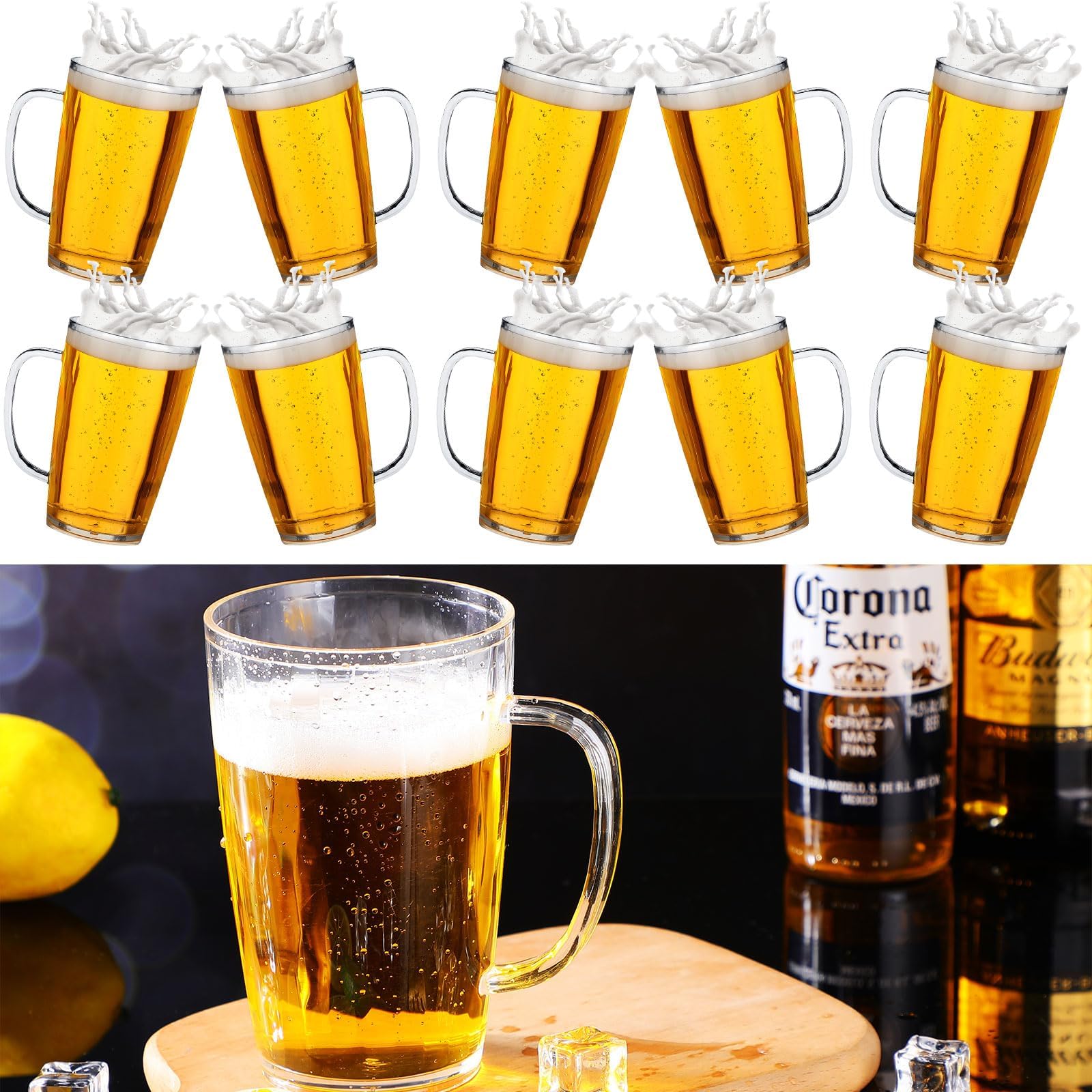 Amazon.com | Mifoci 10 Pcs Clear Plastic Beer Mug with Handles Reusable ...