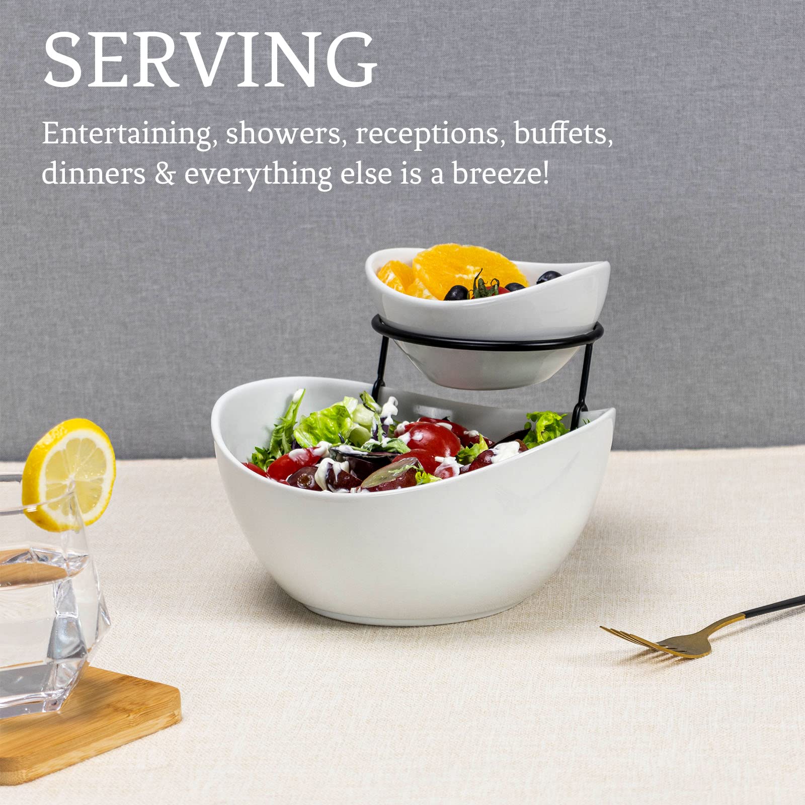 UNICASA Serving Bowls Set, 2 Tier Chip and Dip Bowls with Metal Rack ...