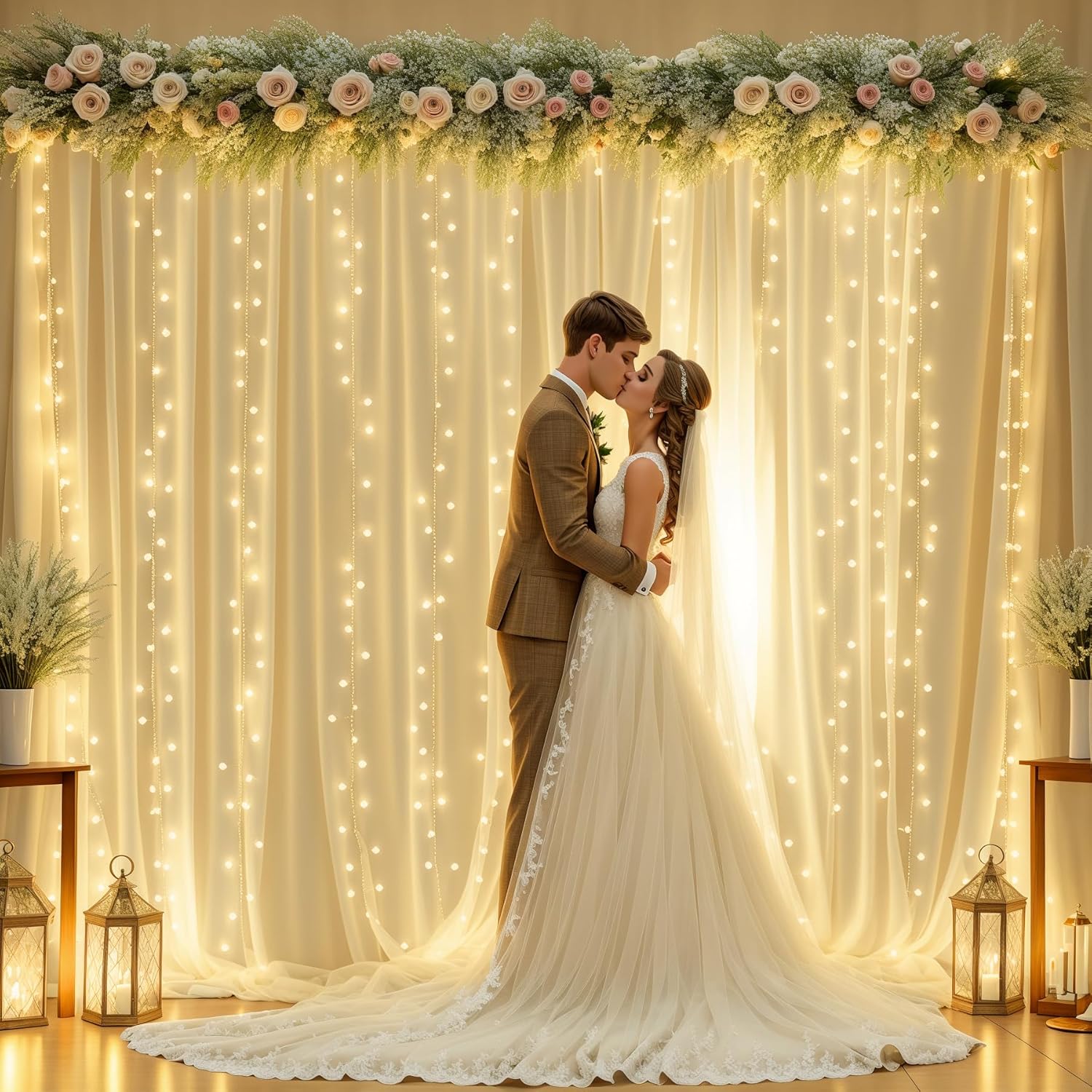 Amazon.com : 10ft x 8ft Champagne Sheer Tulle Backdrop Curtains with ...