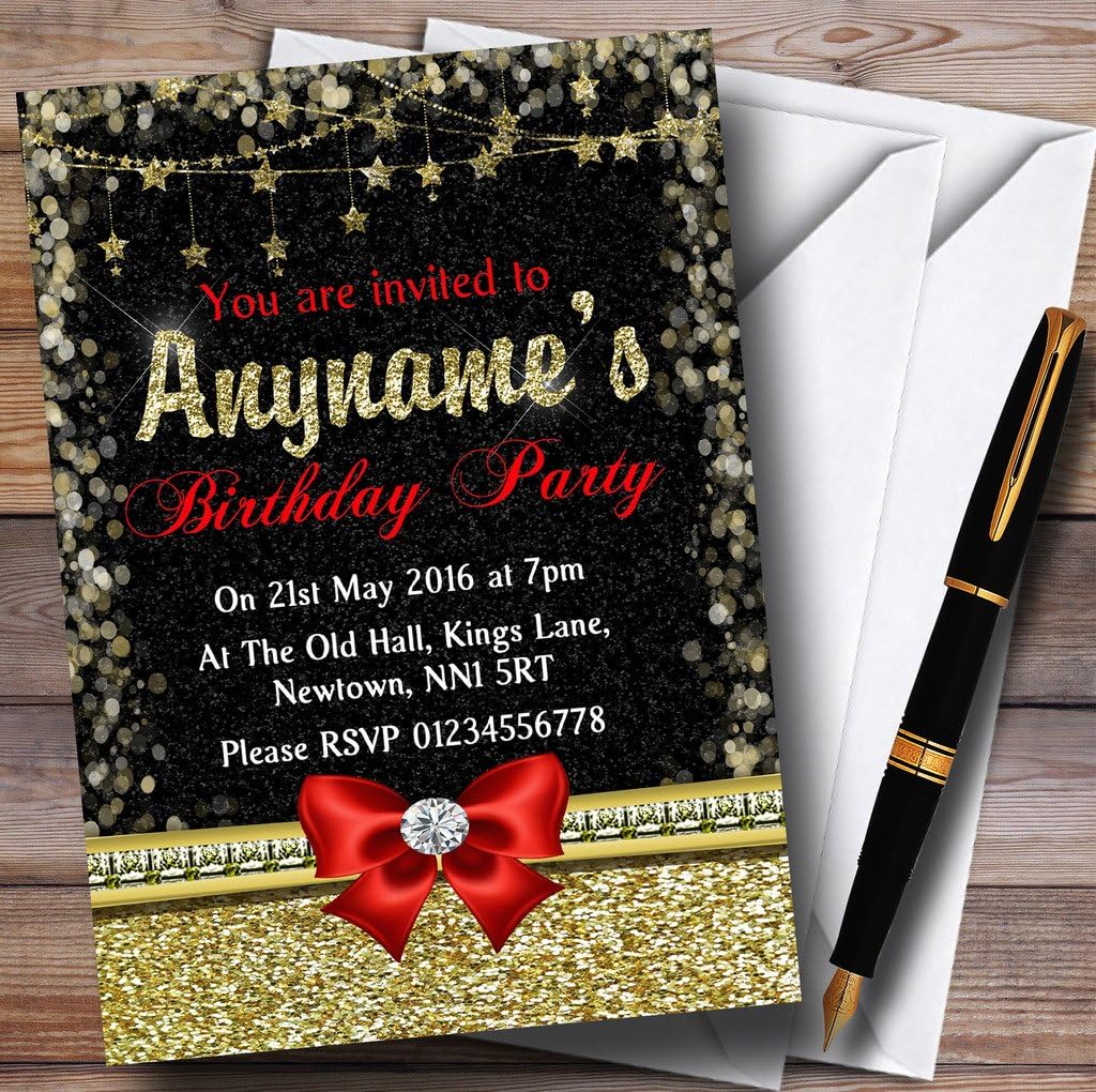 Amazon.com : The Card Zoo Glitter Look Gold Red Bow Birthday Party ...