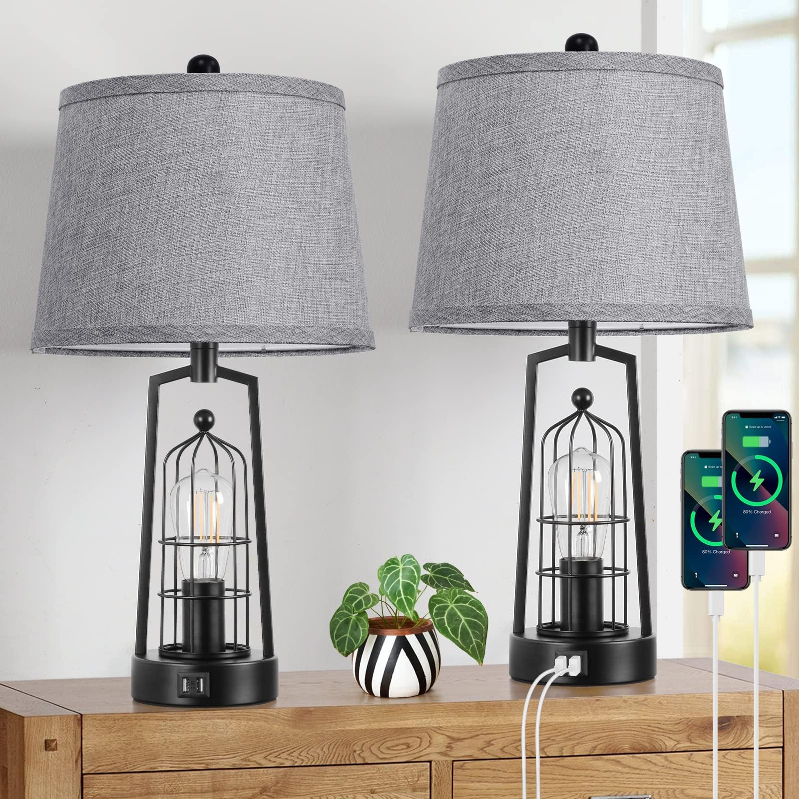Farmhouse Table Lamps with 2 USB Ports, Set of 2 Rustic Industrial Desk ...