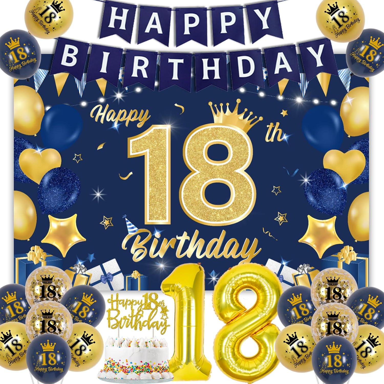 Amazon.com: Wonmelody Navy Blue Happy 18th Birthday Party Decorations ...