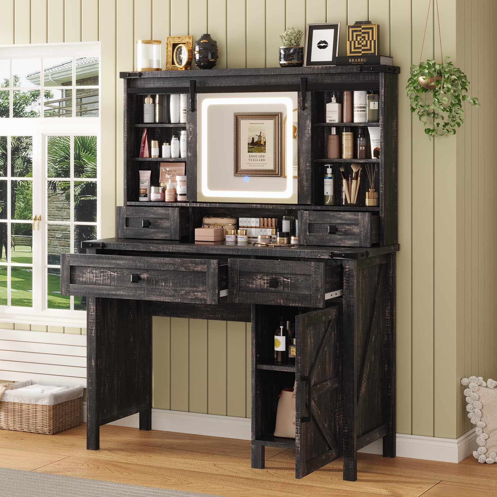 Amazon.com: LUXOAK Farmhouse Makeup Vanity Desk with Sliding Mirror and ...