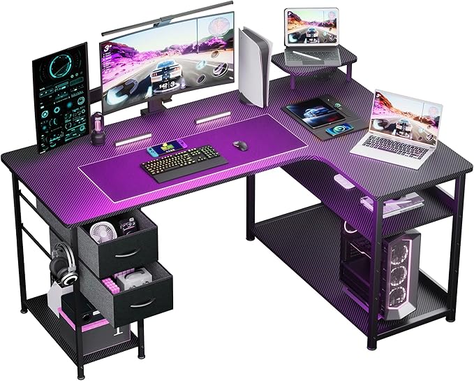 Amazon.com: GTPLAYER L Shaped Desk with Drawers, Carbon Fiber Style ...