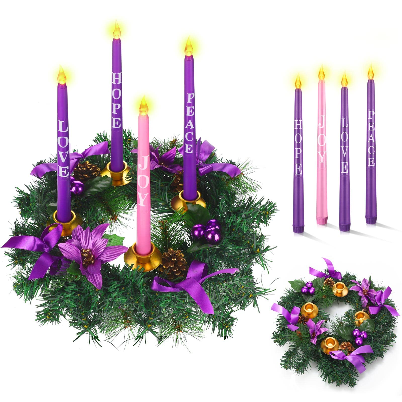 Kathfly 5 Pcs Christmas Advent Wreath with 4 Flameless Candles Holder ...