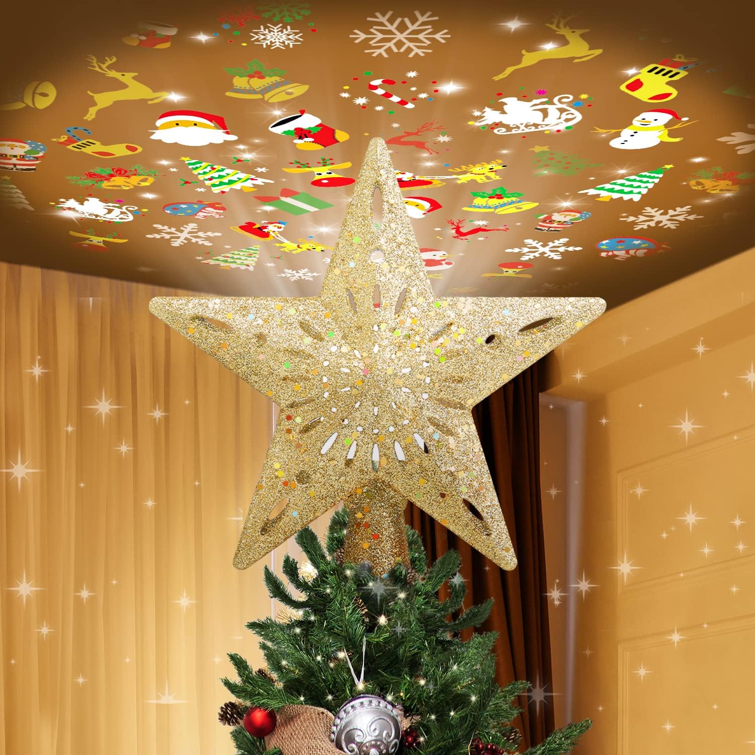 Amazon.com: Christmas Tree Topper Lighted with 6 Projection Slides ...