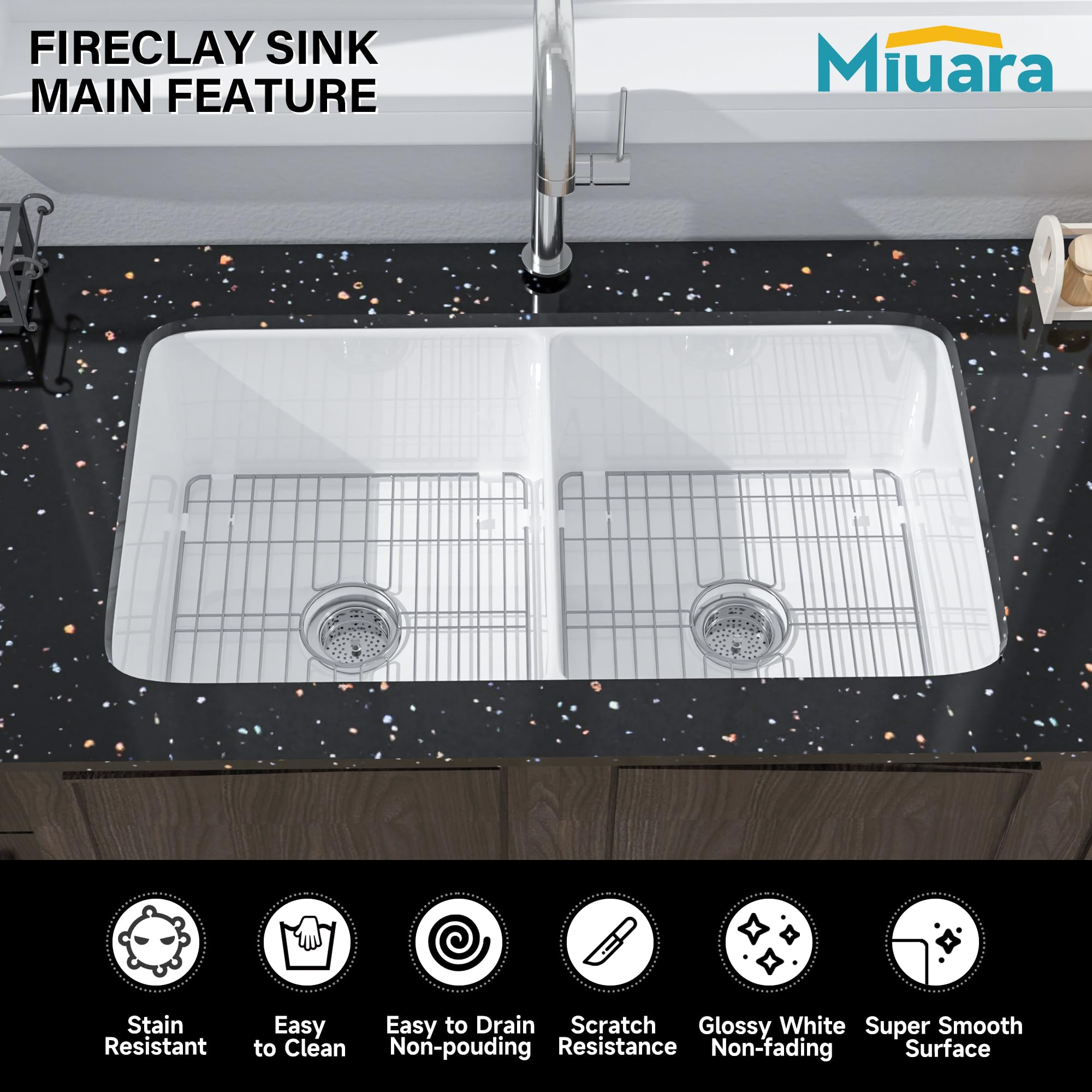 Snapklik.com : Miuara White Undermount Kitchen Sink 32 Inch - Double ...