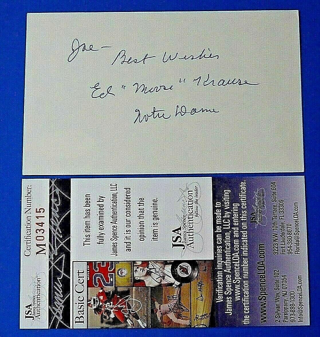 ED MOOSE KRAUSE SIGNED 3x5 INDEX CARD ~ NOTRE DAME BASKETBALL HOF ~ JSA ...
