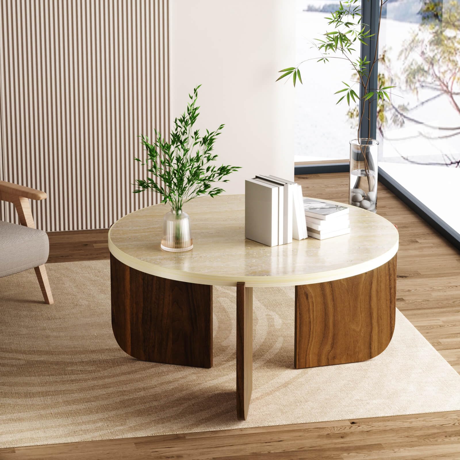 Amazon.com: QUOAOT Round Travertine Texture Coffee Table, 28 inch Stone ...